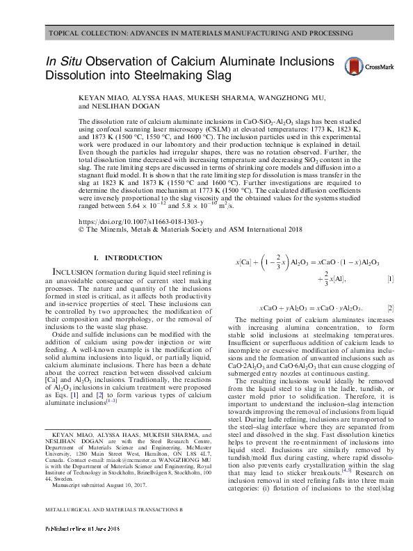 (PDF) In Situ Observation of Calcium Aluminate Inclusions Dissolution ...