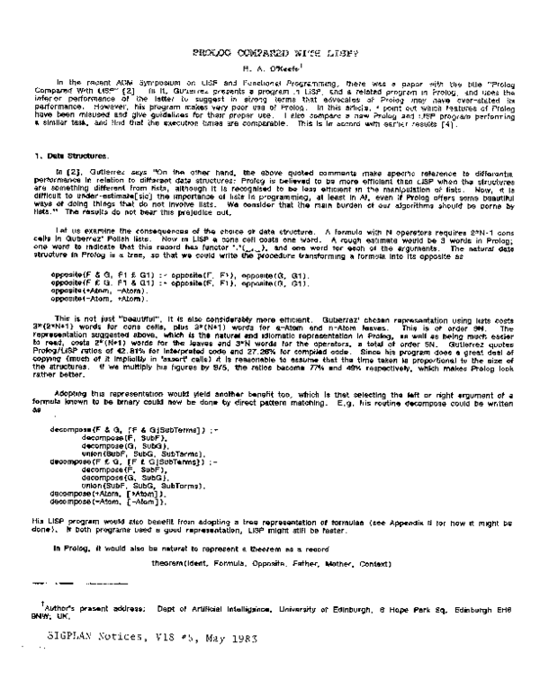 (PDF) Prolog compared with LISP? | Richard O'Keefe - Academia.edu