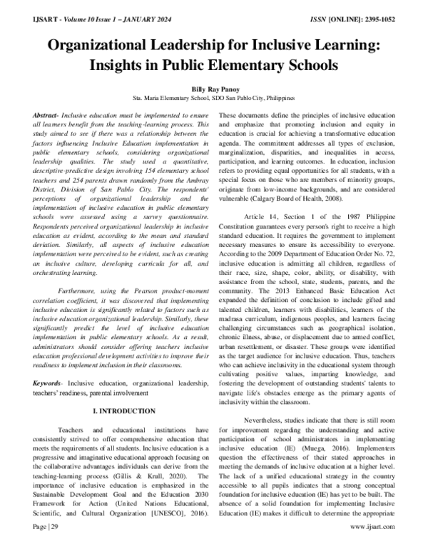 (PDF) Organizational Leadership for Inclusive Learning: Insights in Public Elementary Schools