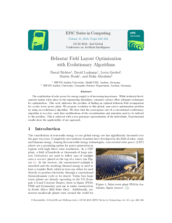 Pdf Heliostat Field Layout Optimization With Evolutionary Algorithms Erika Abraham