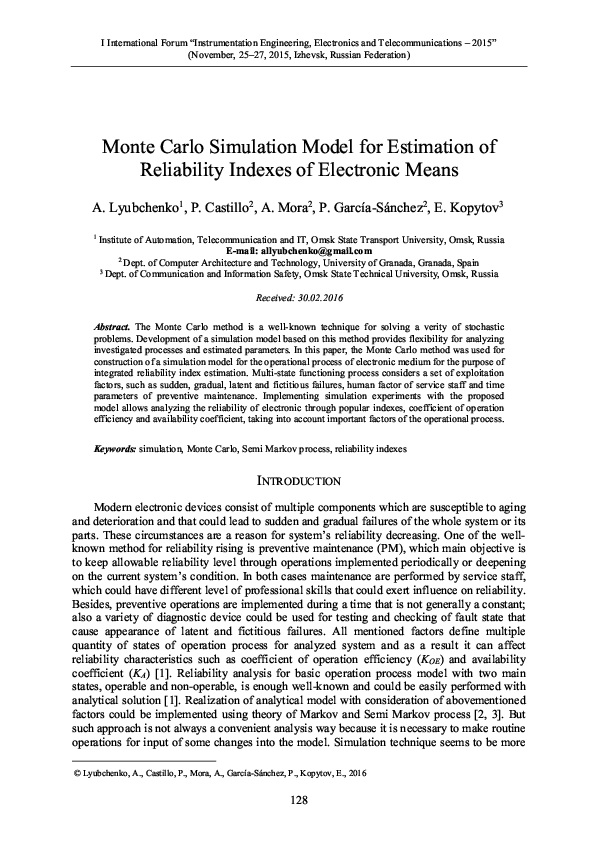 (PDF) Monte Carlo Simulation Model for Estimation of Reliability Indexes of Electronic Means ...