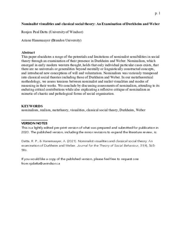 (PDF) Nominalist visualities and classical social theory: An ...