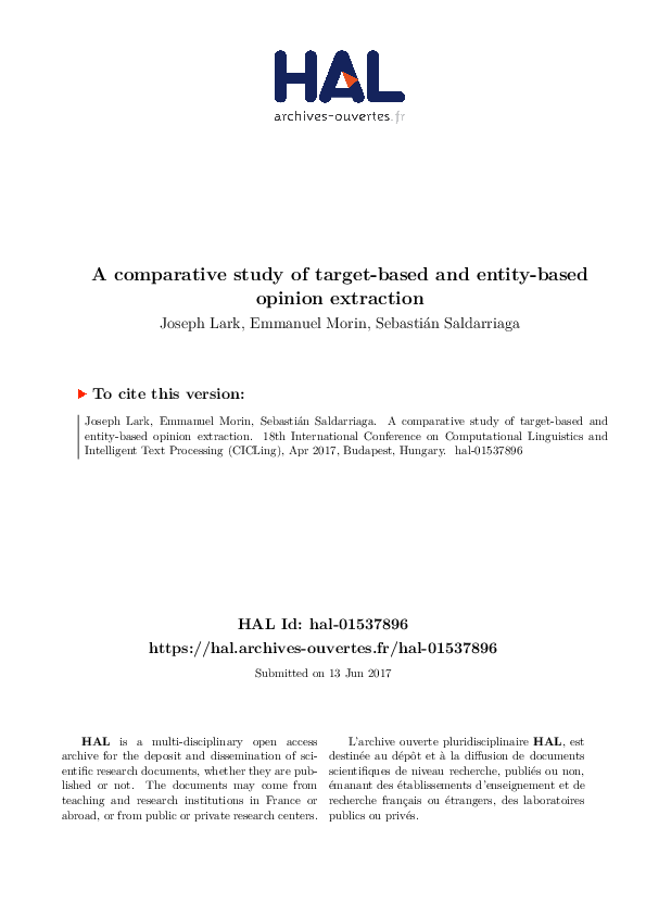 (PDF) A Comparative Study of Target-Based and Entity-Based Opinion Extraction