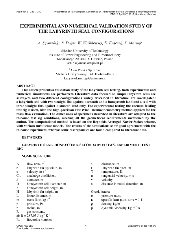 (PDF) Experimental and numerical validation study of the labyrinth seal configurations