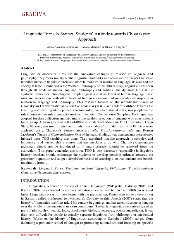 (PDF) Linguistic Turns in Syntax: Students' Attitude towards Chomskyian Approach
