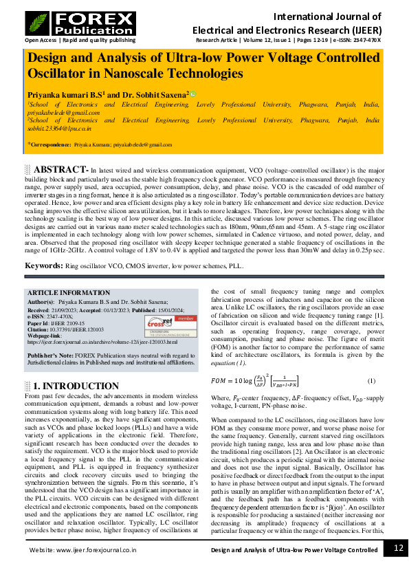 (PDF) Design and Analysis of Ultra-low Power Voltage Controlled Oscillator in Nanoscale Technologies