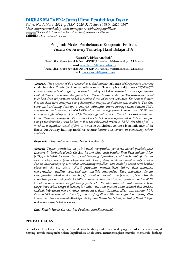 (PDF) Pengaruh Model Pembelajaran Kooperatif Berbasis Hands On Activity Terhadap Hasil Belajar IPA