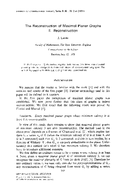 (PDF) The reconstruction of maximal planar graphs II. Reconstruction