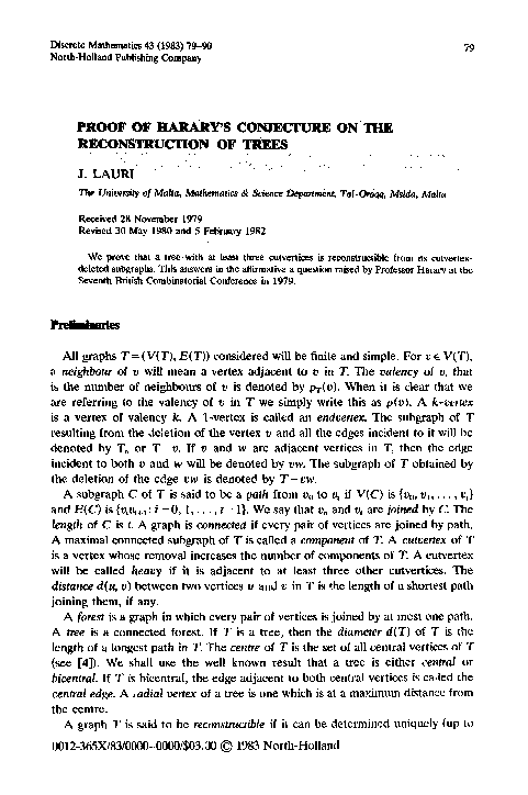 (PDF) Proof of Harary's conjecture on the reconstruction of trees