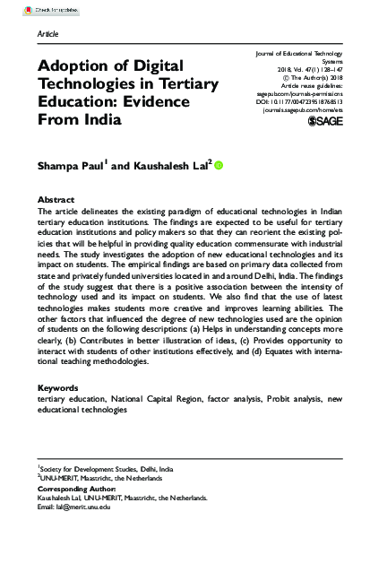 (PDF) Adoption of Digital Technologies in Tertiary Education: Evidence ...