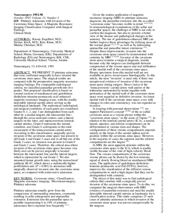 (PDF) Pituitary Adenomas with Invasion of the Cavernous Sinus Space