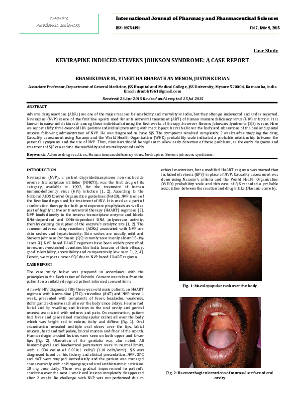 (PDF) NEVIRAPINE INDUCED STEVENS JOHNSON SYNDROME: A CASE REPORT Case ...
