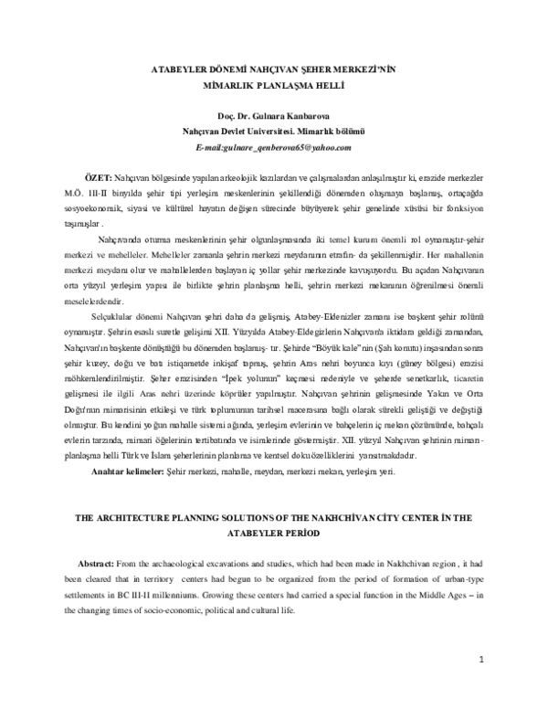 (PDF) ATABEYLER DÖNEMİ NAHÇIVAN ŞEHER MERKEZİ'NİN MİMARLIK PLANLAŞMA HELLİ