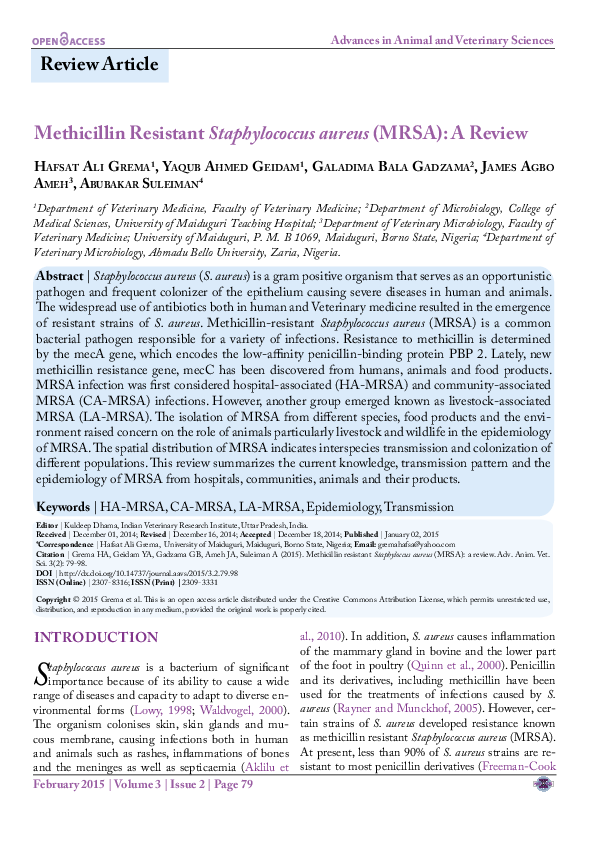 (PDF) Methicillin Resistant Staphylococcus aureus (MRSA): A Review
