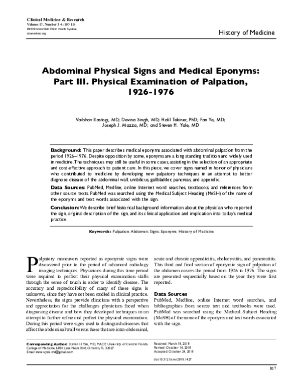 (PDF) Abdominal Physical Signs and Medical Eponyms: Part III. Physical ...