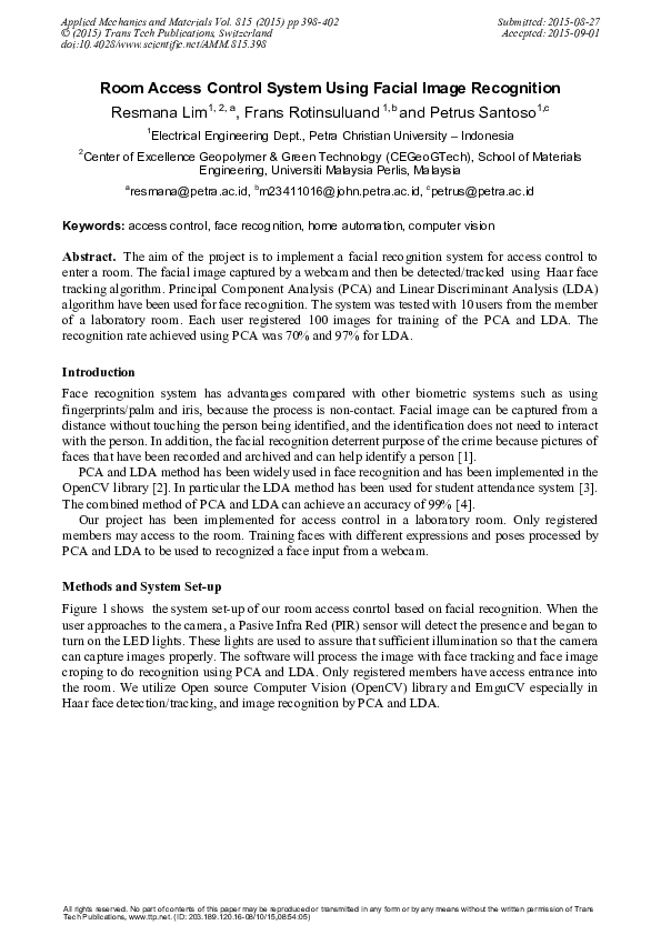 (PDF) Room Access Control System Using Facial Image Recognition