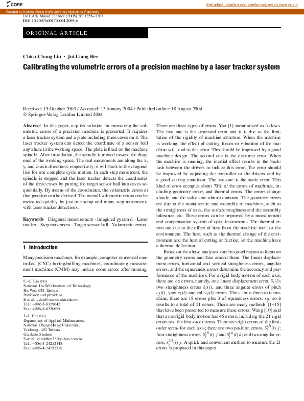 (PDF) Calibrating the volumetric errors of a precision machine by a laser tracker system