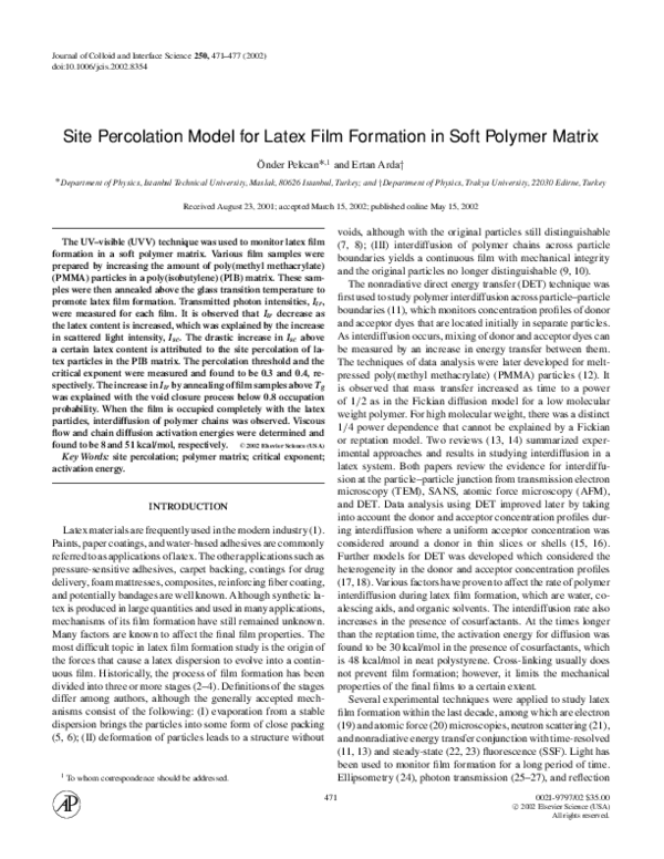 (PDF) Site Percolation Model for Latex Film Formation in Soft Polymer Matrix | Önder Pekcan ...
