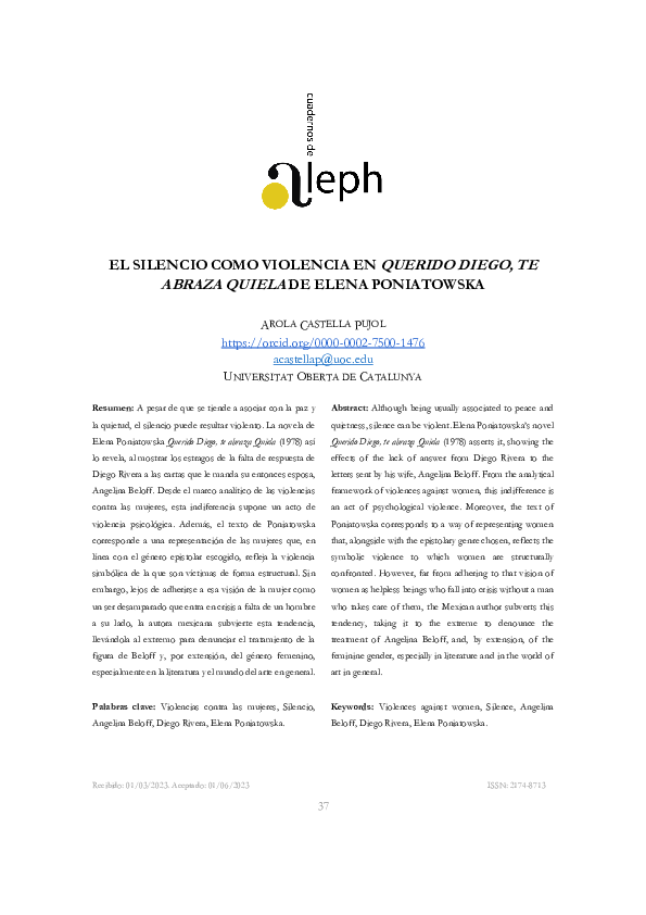 (PDF) EL SILENCIO COMO VIOLENCIA EN QUERIDO DIEGO, TE ABRAZA QUIELA DE ELENA PONIATOWSKA