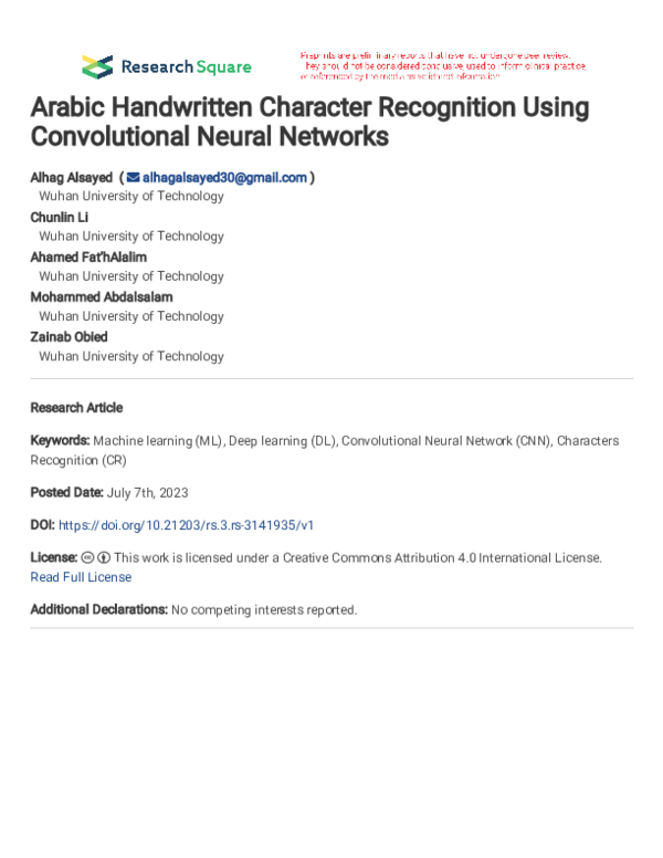 Pdf Arabic Handwritten Character Recognition Using Convolutional Neural Networks