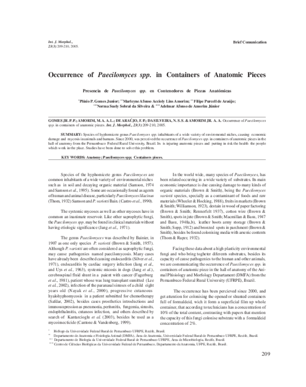(PDF) Occurrence of Paecilomyces spp. in Containers of Anatomic Pieces