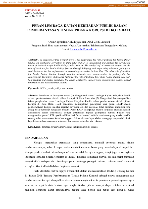 (PDF) Peran Lembaga Kajian Kebijakan Publik Dalam Pemberantasan Tindak Pidana Korupsi DI Kota Batu