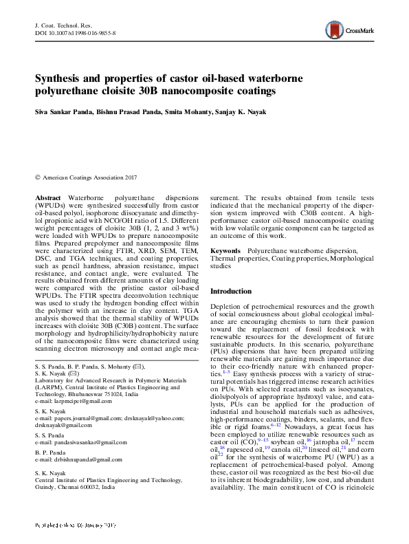 (PDF) Synthesis and properties of castor oil-based waterborne ...