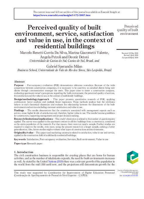 (PDF) Perceived quality of built environment, service, satisfaction and ...