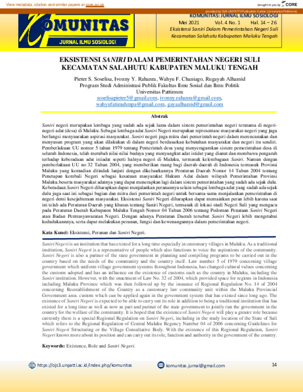(PDF) Eksistensi Saniri Dalam Pemerintahan Negeri Suli Kecamatan ...