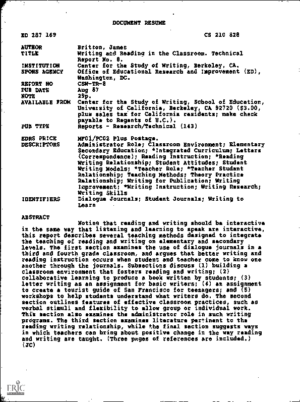 (PDF) Writing and Reading in the Classroom. Technical Report No. 8