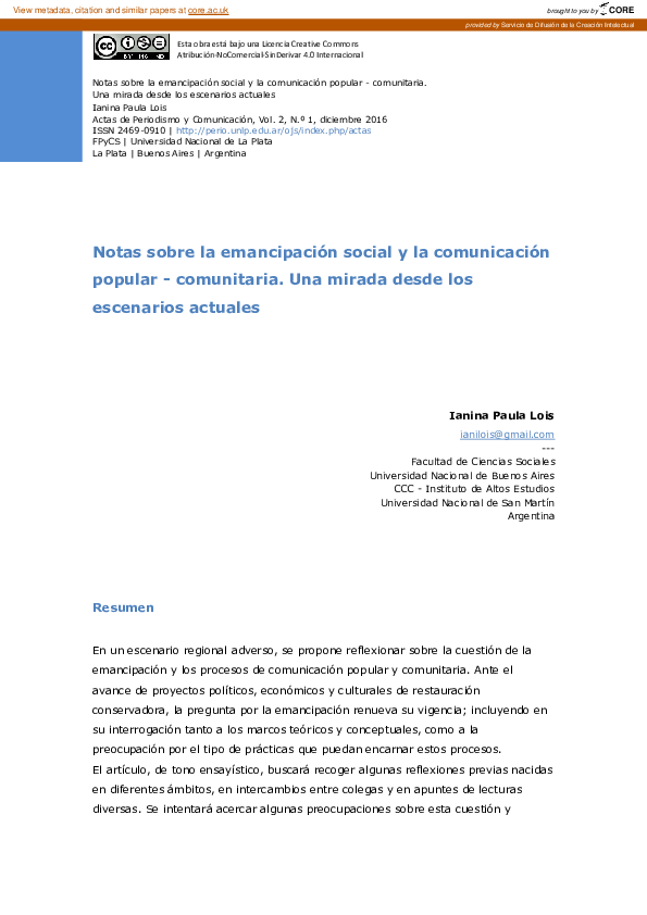 (PDF) Notas sobre la emancipación social y la comunicación popular-comunitaria : Una mirada ...