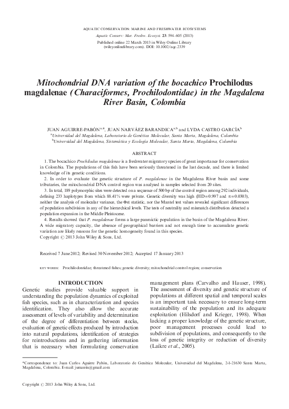 (PDF) Mitochondrial DNA variation of the bocachico Prochilodus ...