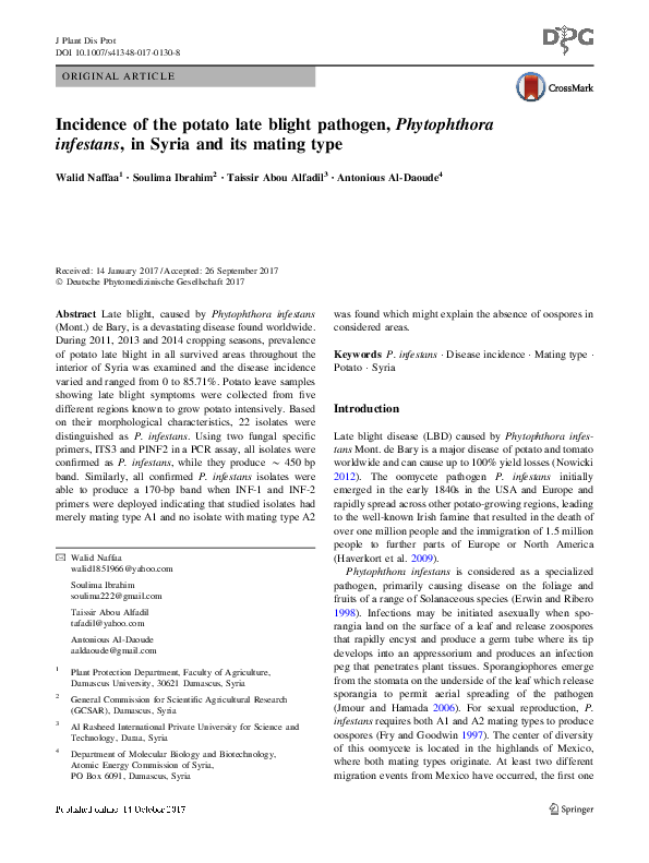 (PDF) Incidence of the potato late blight pathogen, Phytophthora ...