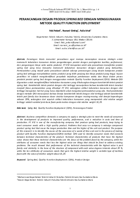 (PDF) Perancangan Desain Produk Spring Bed dengan Menggunakan Metode Quality Function Deployment
