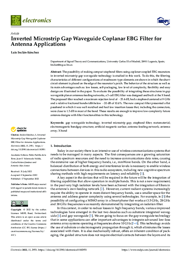 Pdf Inverted Microstrip Gap Waveguide Coplanar Ebg Filter For Antenna Applications