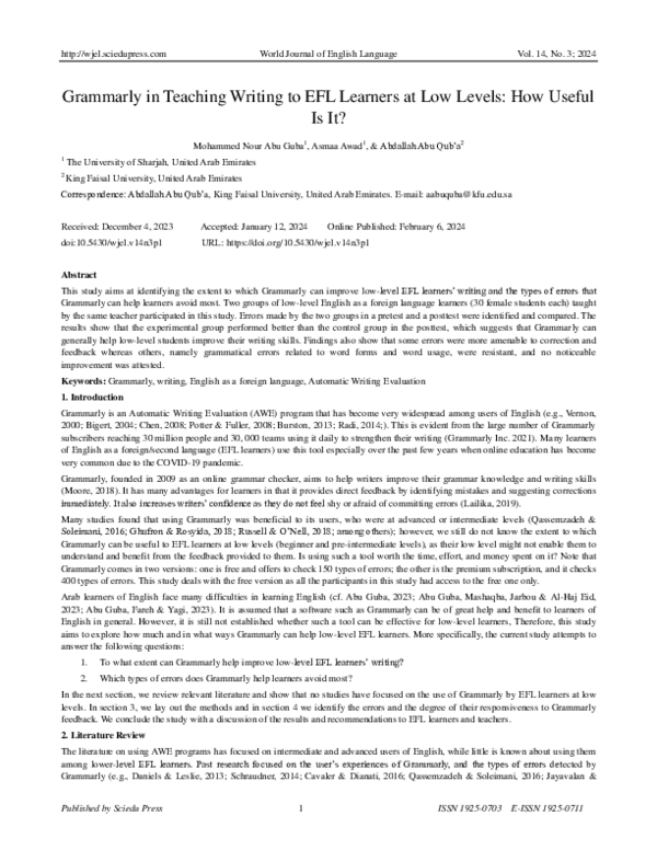 (PDF) Grammarly in Teaching Writing to Efl Learners at Low Levels: How ...