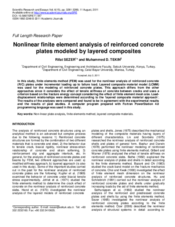 Pdf Nonlinear Finite Element Analysis Of Reinforced Concrete Plates Modeled By Layered Composites