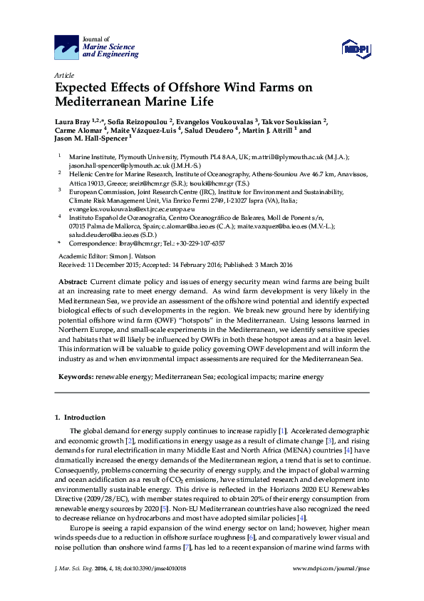 (PDF) Expected Effects of Offshore Wind Farms on Mediterranean Marine ...