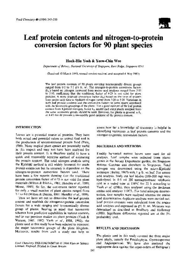 (PDF) Leaf protein contents and nitrogen-to-protein conversion factors ...