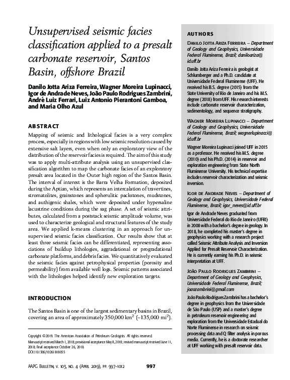 Pdf Unsupervised Seismic Facies Classification Applied To A Presalt Carbonate Reservoir 
