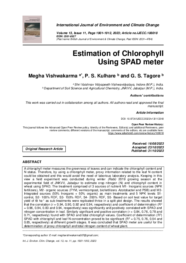 (PDF) Estimation of Chlorophyll Using SPAD meter