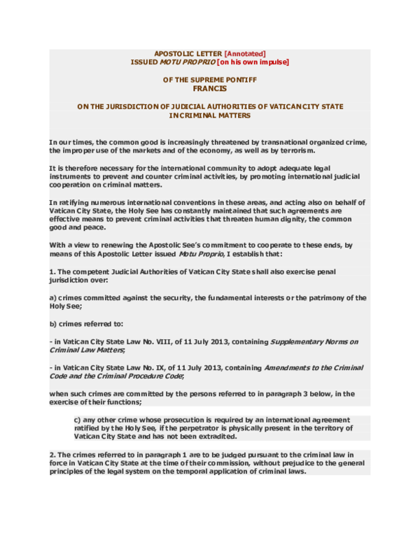 (PDF) APOSTOLIC LETTER [Annotated] ISSUED MOTU PROPRIO [on his own ...