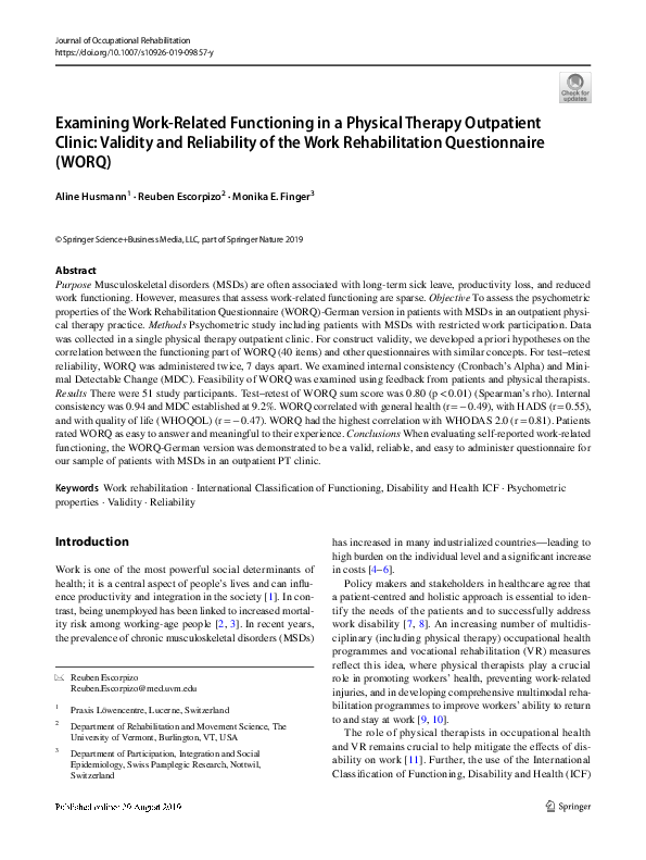 (PDF) Examining Work-Related Functioning in a Physical Therapy ...