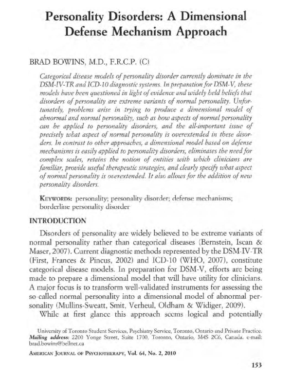 (PDF) Personality Disorders: A Dimensional Defense Mechanism Approach