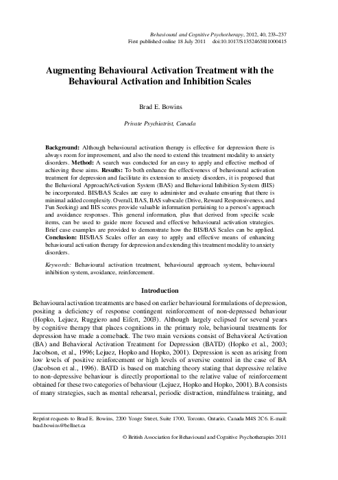 (PDF) Augmenting Behavioural Activation Treatment with the Behavioural ...