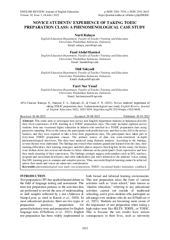 (PDF) Novice Students’ Experience of Taking Toeic Preparation Class: A ...