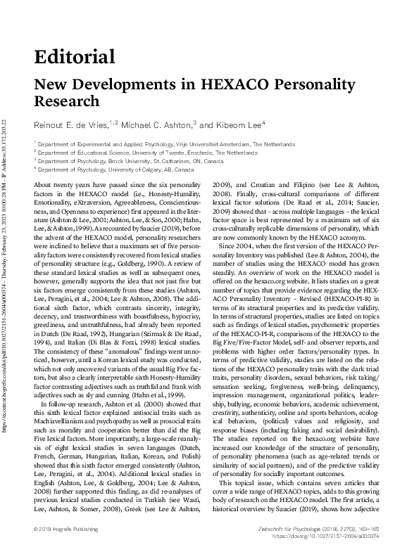 (PDF) New Developments in HEXACO Personality Research