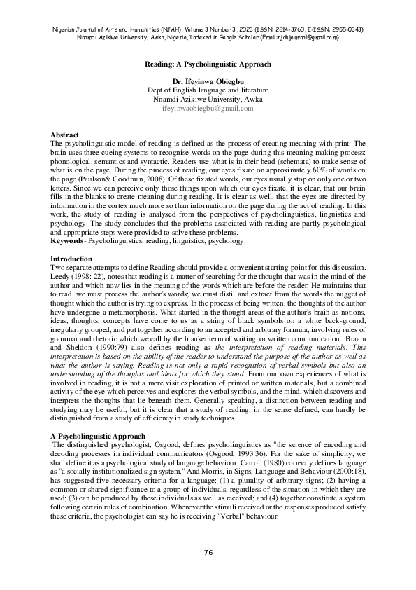 (PDF) Reading: A Psycholinguistic Approach