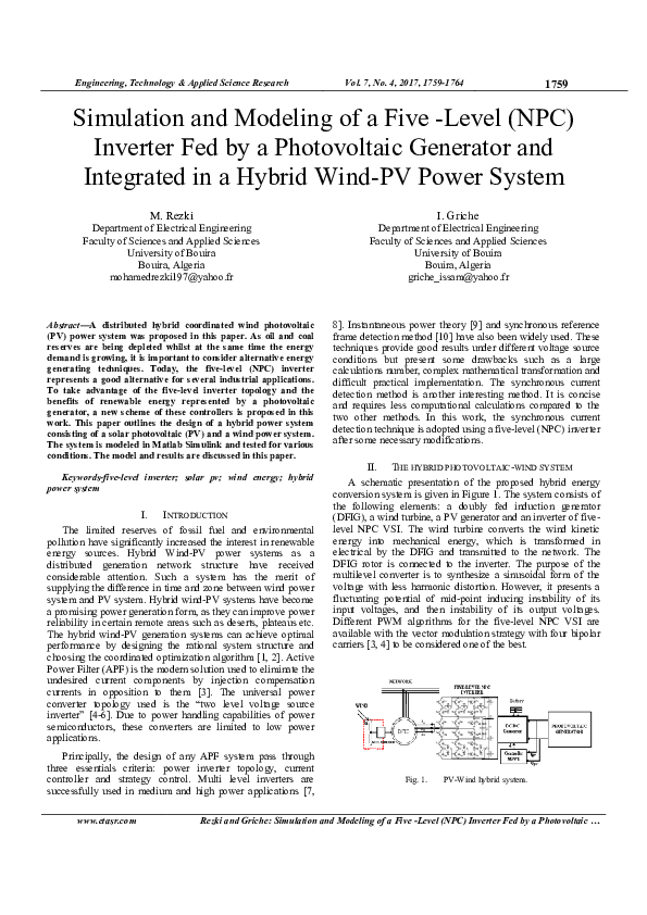 (PDF) Simulation and Modeling of a Five -Level (NPC) Inverter Fed by a Photovoltaic Generator ...