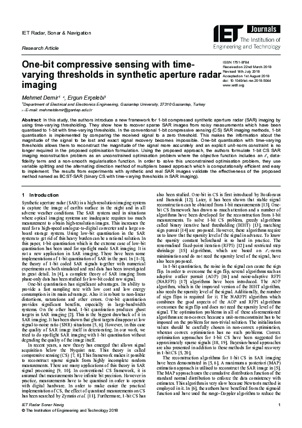 (PDF) One‐bit compressive sensing with time‐varying thresholds in synthetic aperture radar imaging